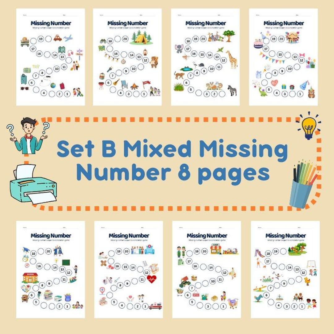 8 Pages of Mixed Missing Numbers, Set B Mixed Theme Printable Activity ...
