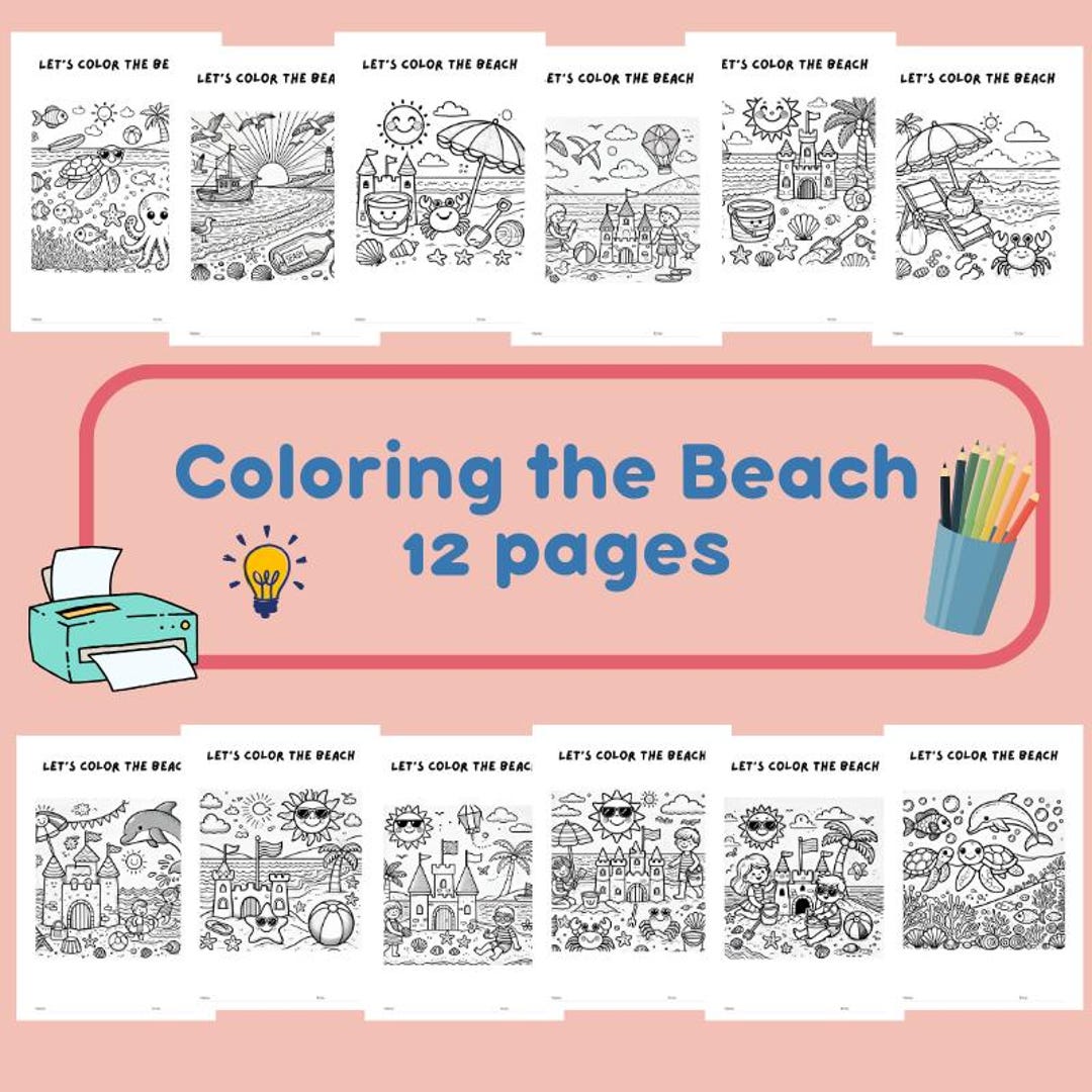 12 Pages,coloring the Beach, Printable Coloring Page, Beach, Kids ...