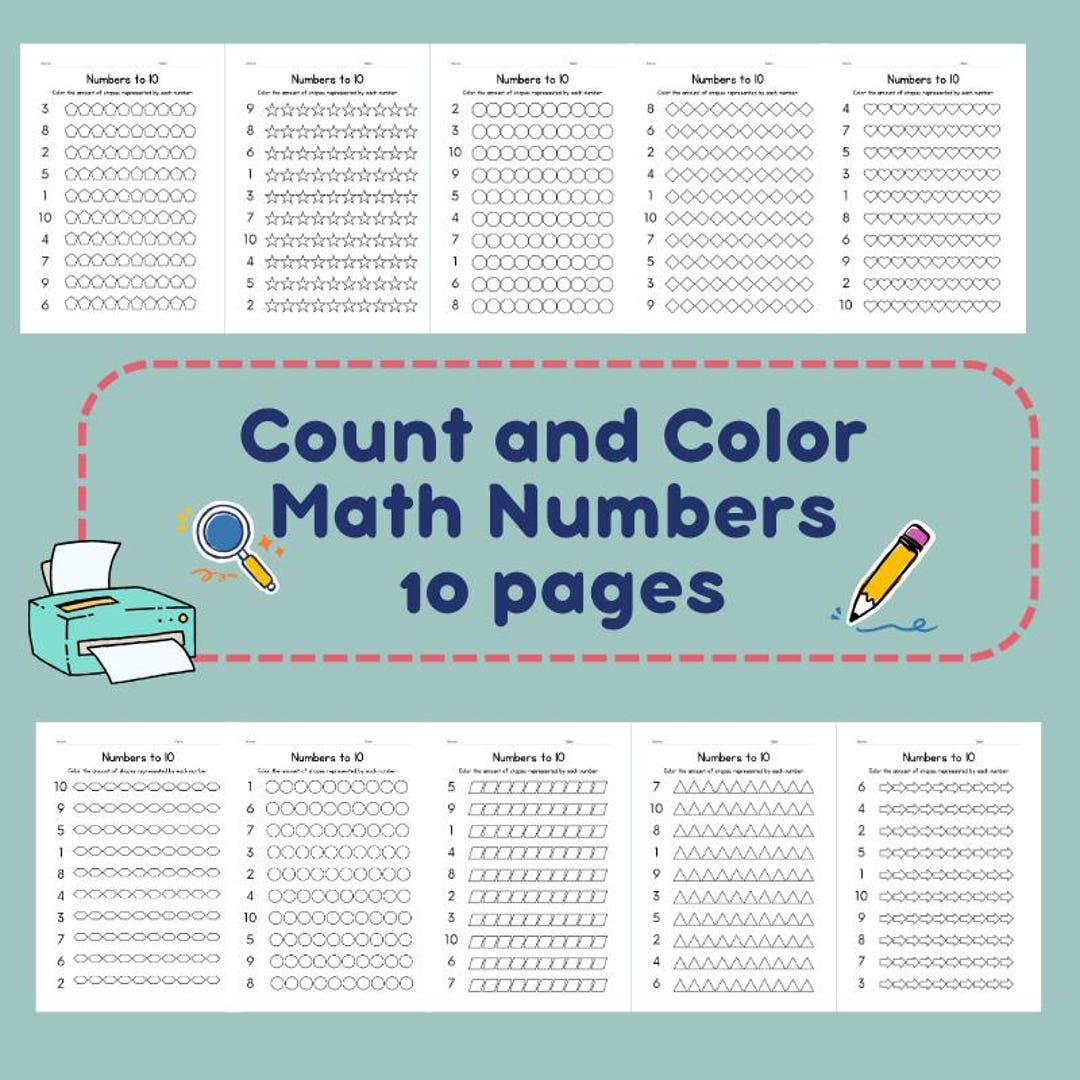 Count and Color Shapes, Number Worksheet, Kids Printable (10 Pages ...