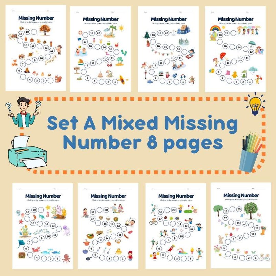 8 Pages of Mixed Missing Numbers, Set A Mixed Theme Printable Activity ...