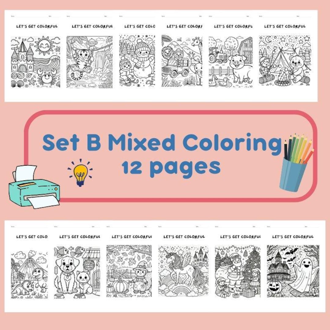 12 Pages,set B Mixed Coloring Pages, Printable Coloring Page,kids ...