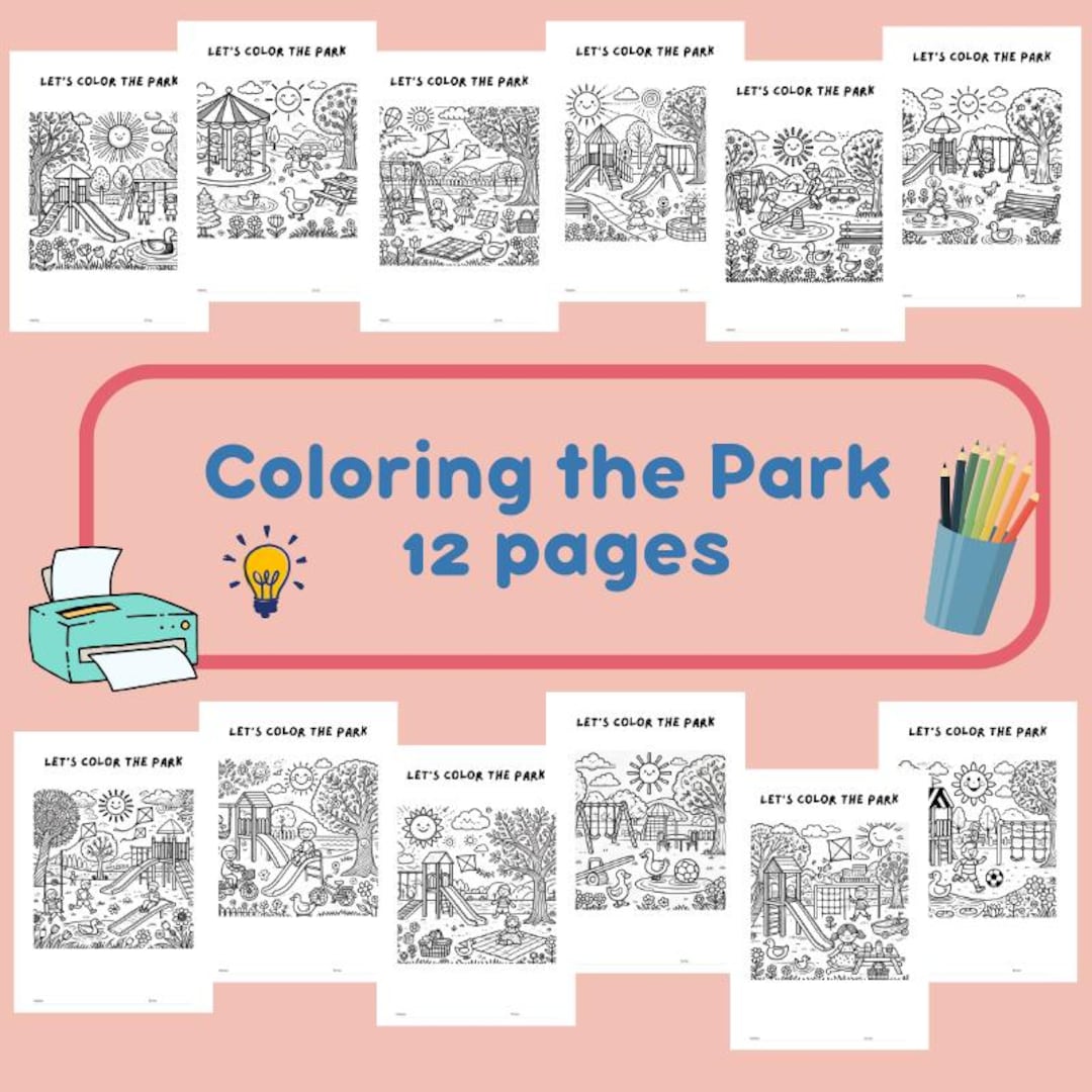 12 Pages, Coloring the Park, Printable Coloring Page, Park, Kids ...