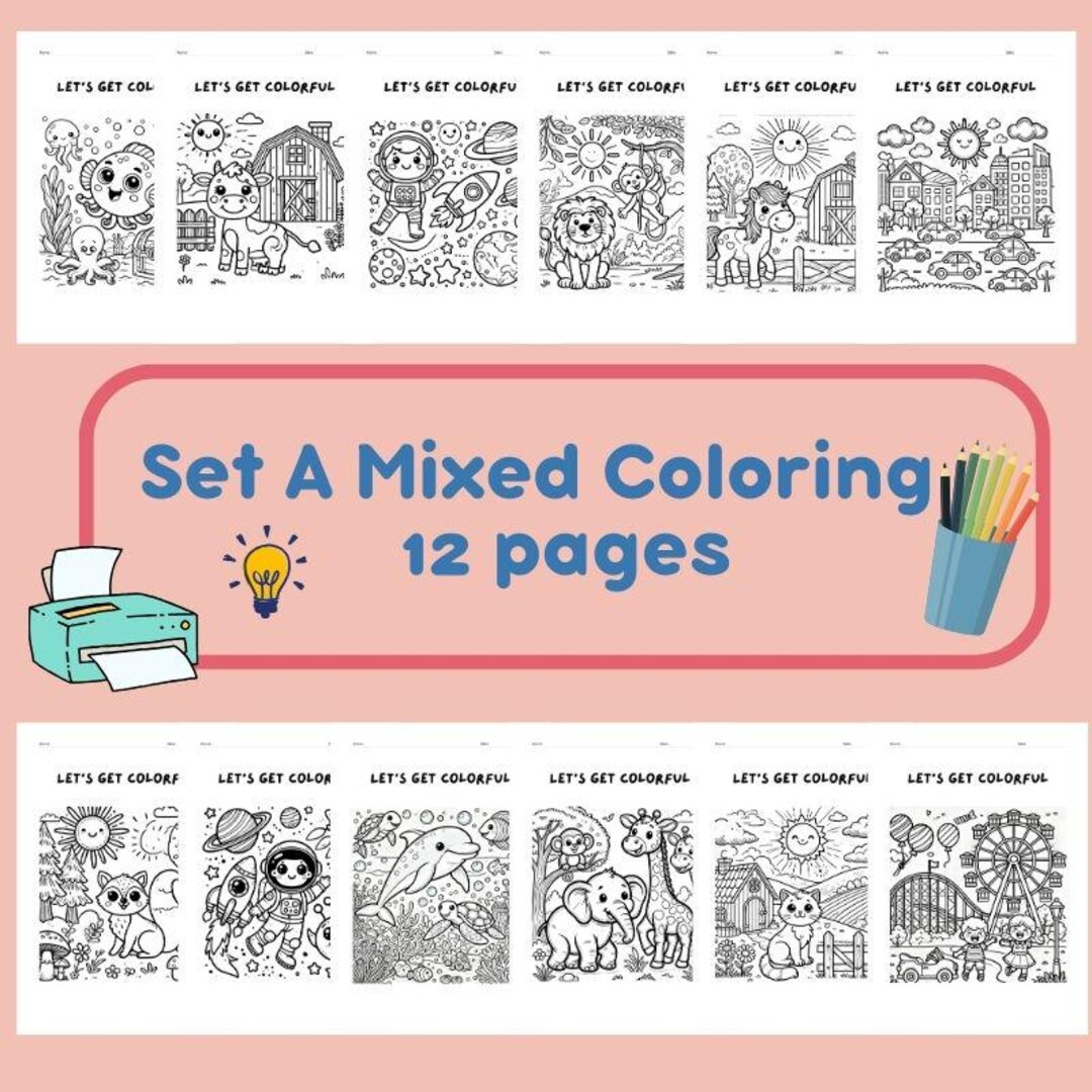 12 Pages, Mixed Coloring Pages, Printable Coloring Page, Kids Download ...