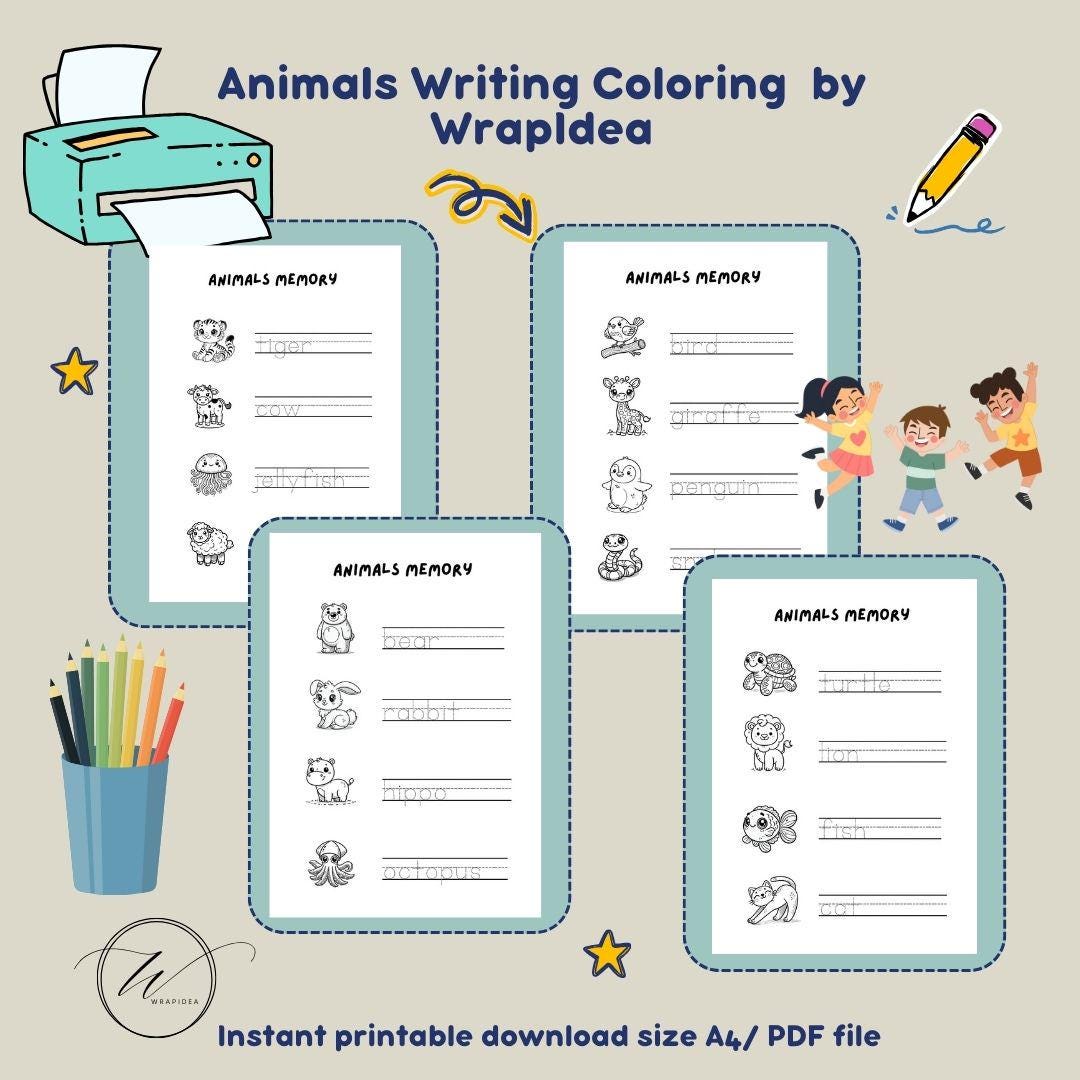 Animals Writing Practice, Coloring Page, Animals Coloring, Kids ...