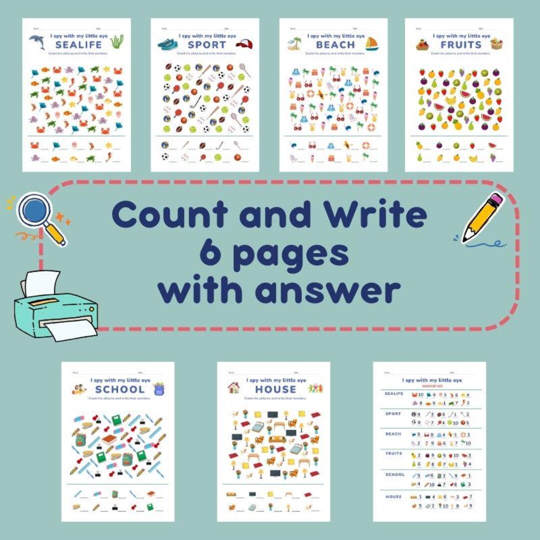 6 Pages Count the Pictures and Write Number With Answer, Count and ...