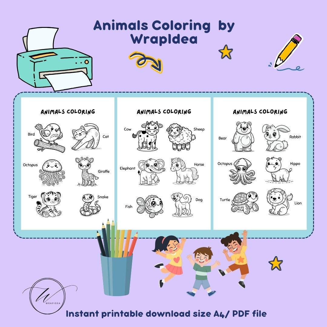 3 Pages Animals Coloring Page for Kids, Coloring Pages for Early ...