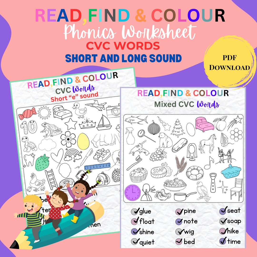 Read Find and Colour Phonics Worksheet I CVC Words Long and Short Sound ...