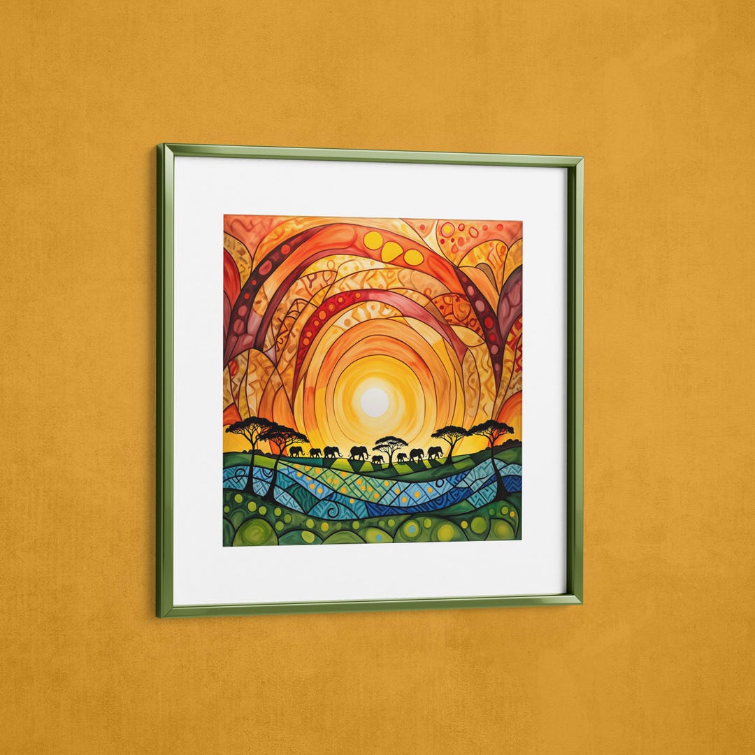 Vibrant African Sunset Poster, Safari Nature Print, Elephant Wildlife ...