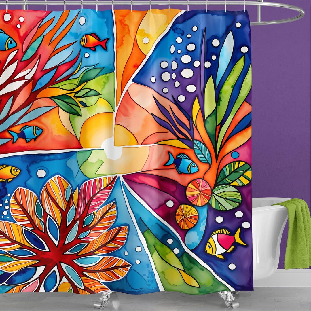 Artistic Tropical Fish Shower Curtain, Colorful Abstract Ocean Design ...