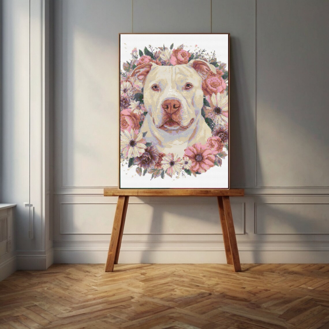 Cute Pitbull 200x200 Cross Stitch Pitbull With Flowers Sewing Colorful ...