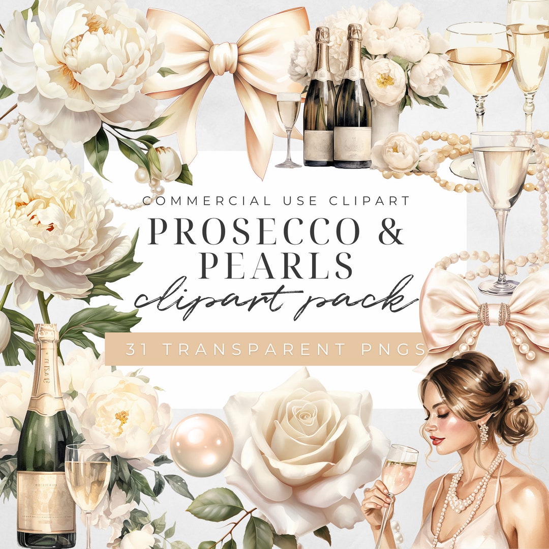 Watercolor Prosecco and Pearls Clipart, Wedding Clipart, Champagne ...
