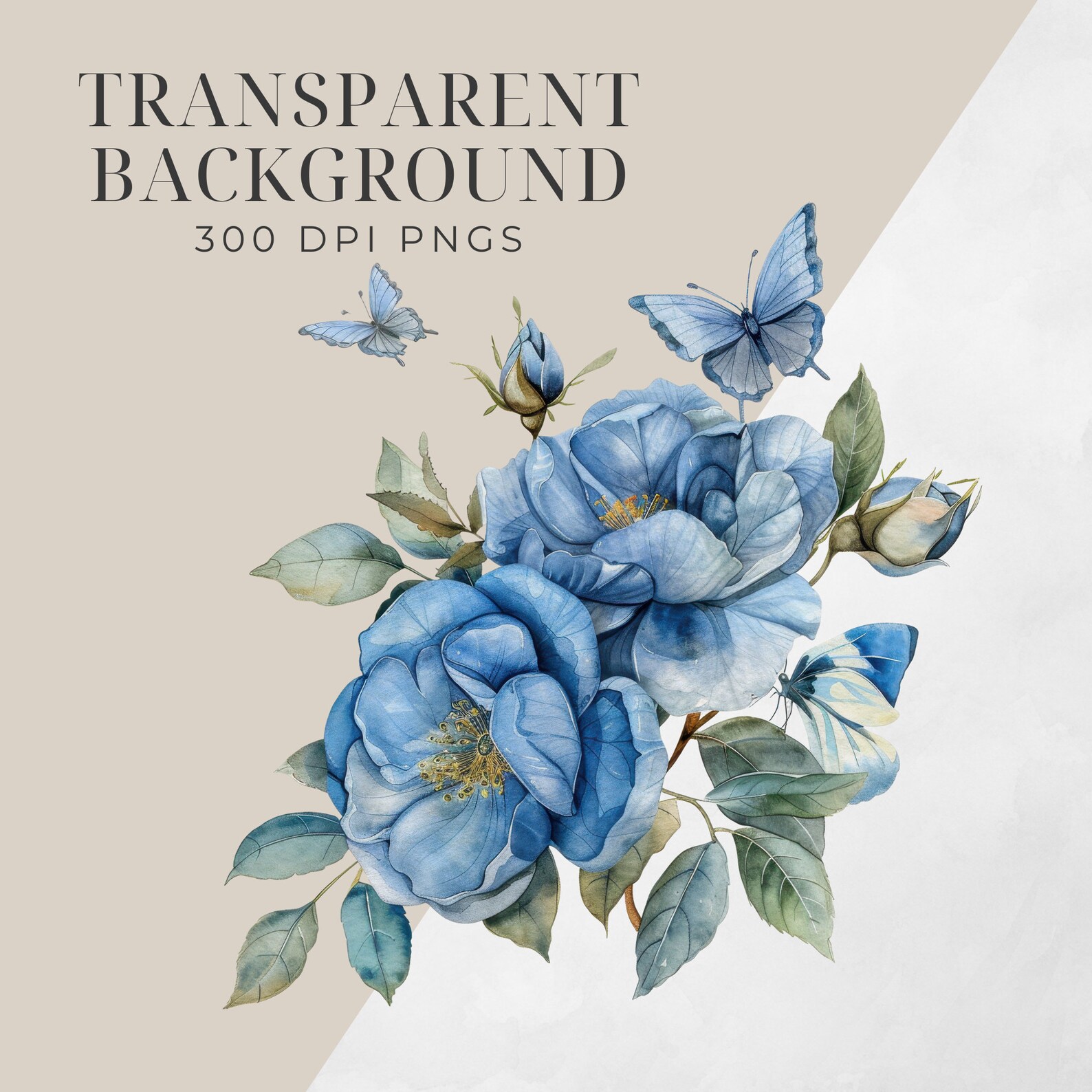 Watercolor Floral, Winter Clipart, Dusty Blue Floral Clipart, Roses ...