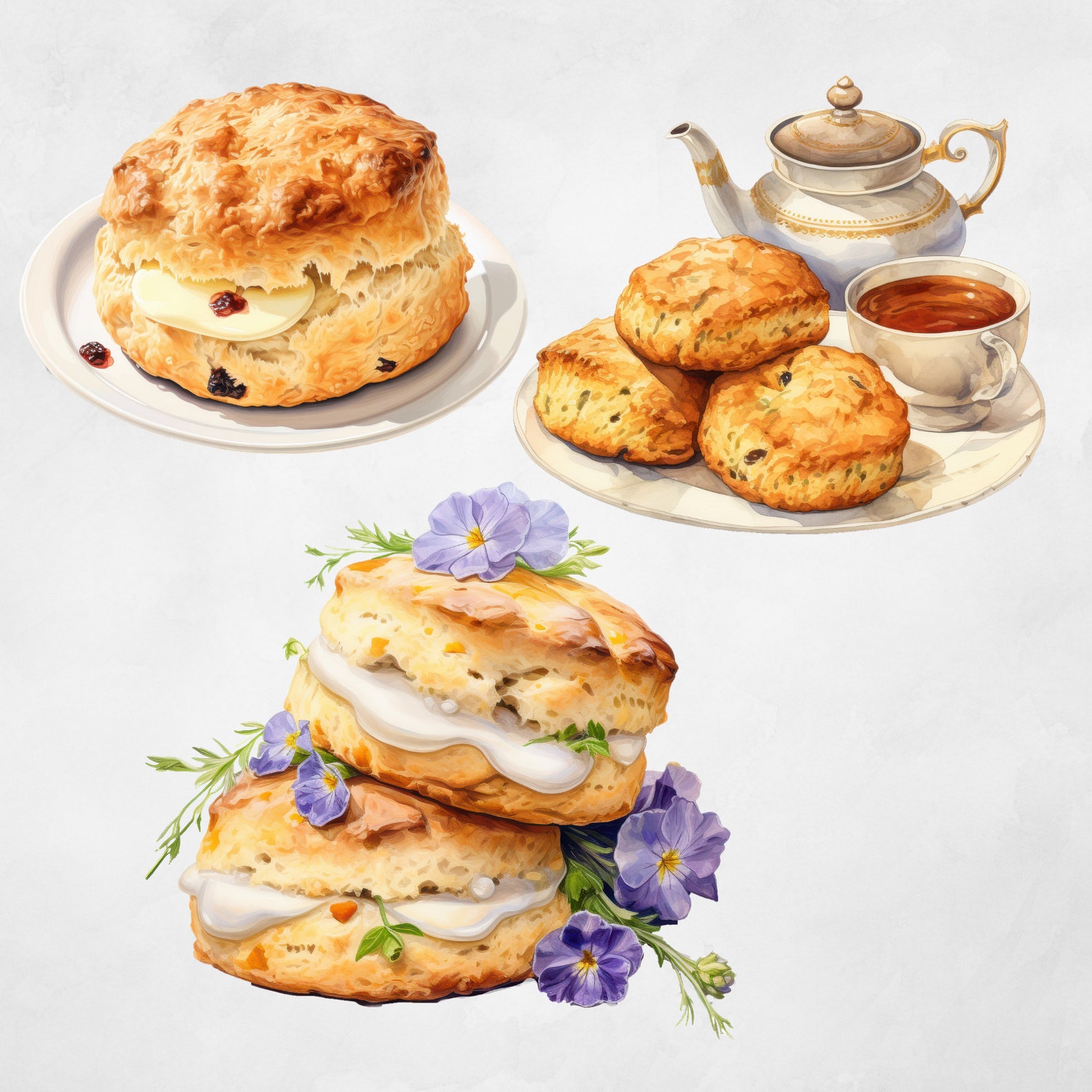 Watercolor Scones Clip Art, Muffins & Scones Clipart, Scones and Cream ...