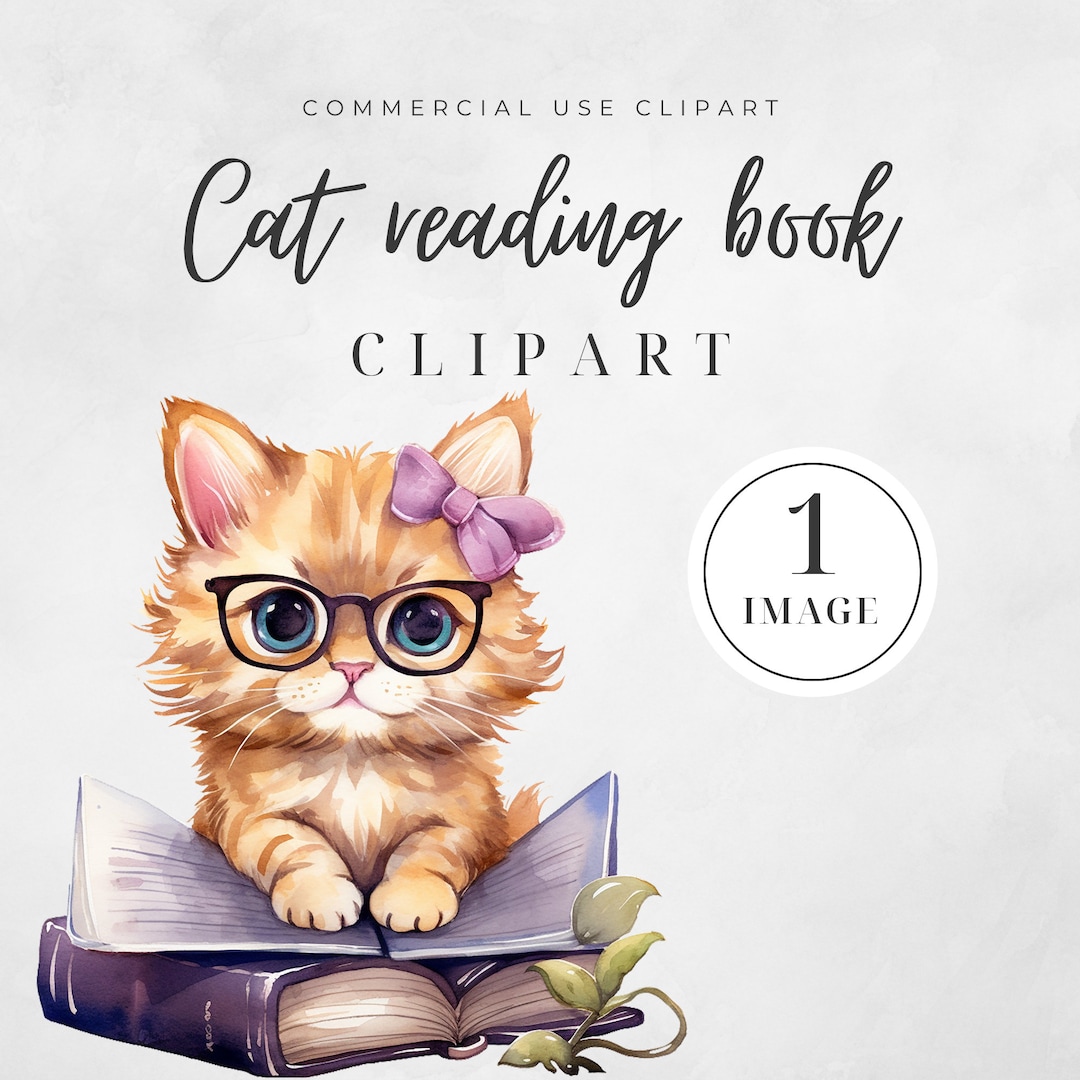 Watercolor Cat Reading Books Clipart, SINGLE IMAGE, Cat Reading ...