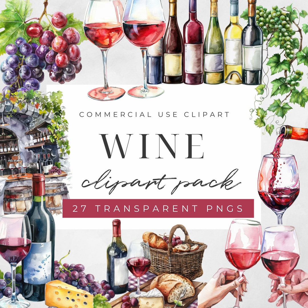 Watercolor Wine Clipart, Wine Bottle Clipart, Wine Glass, Glasses and ...