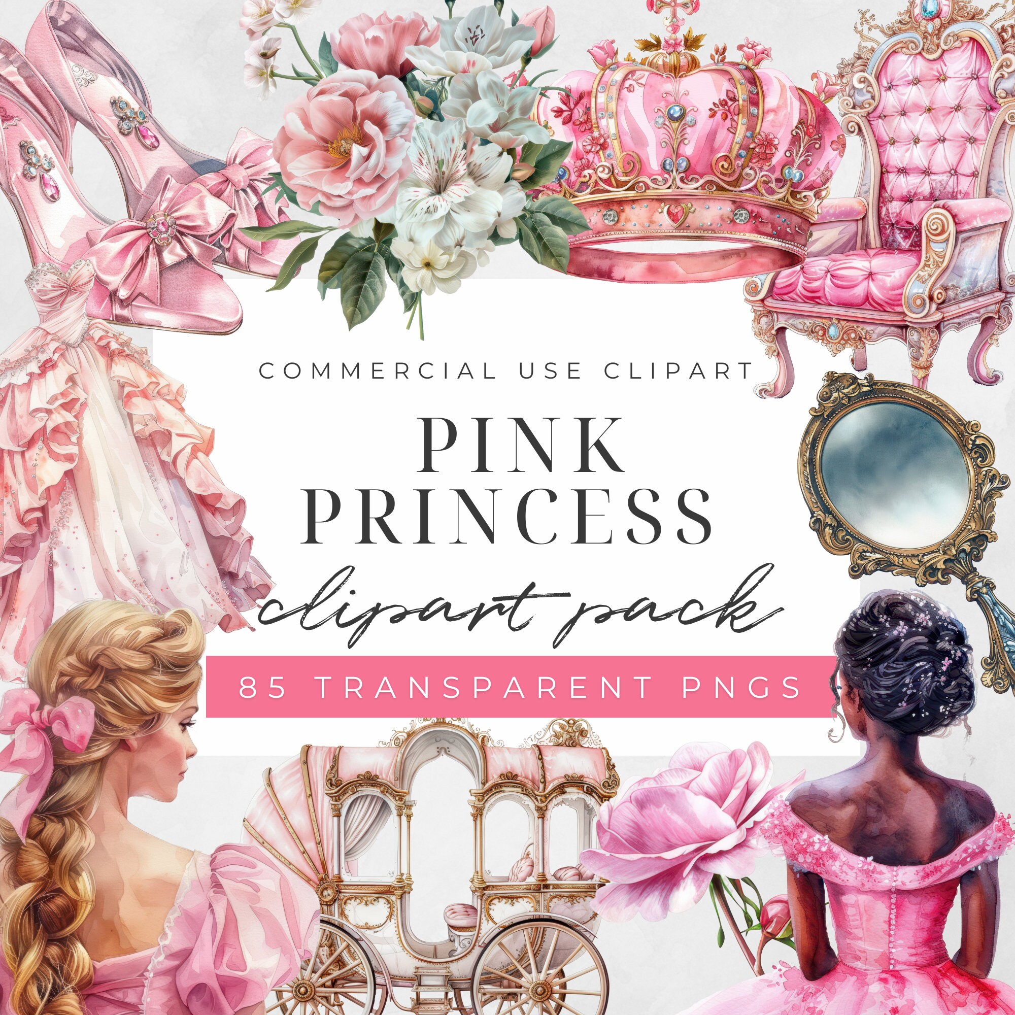 Pink Princess Watercolor Clipart, Fairytale Clipart, Whimsical Princess ...