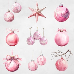 Watercolor Pink Christmas Clipart Bundle, Watercolor Holiday Art ...