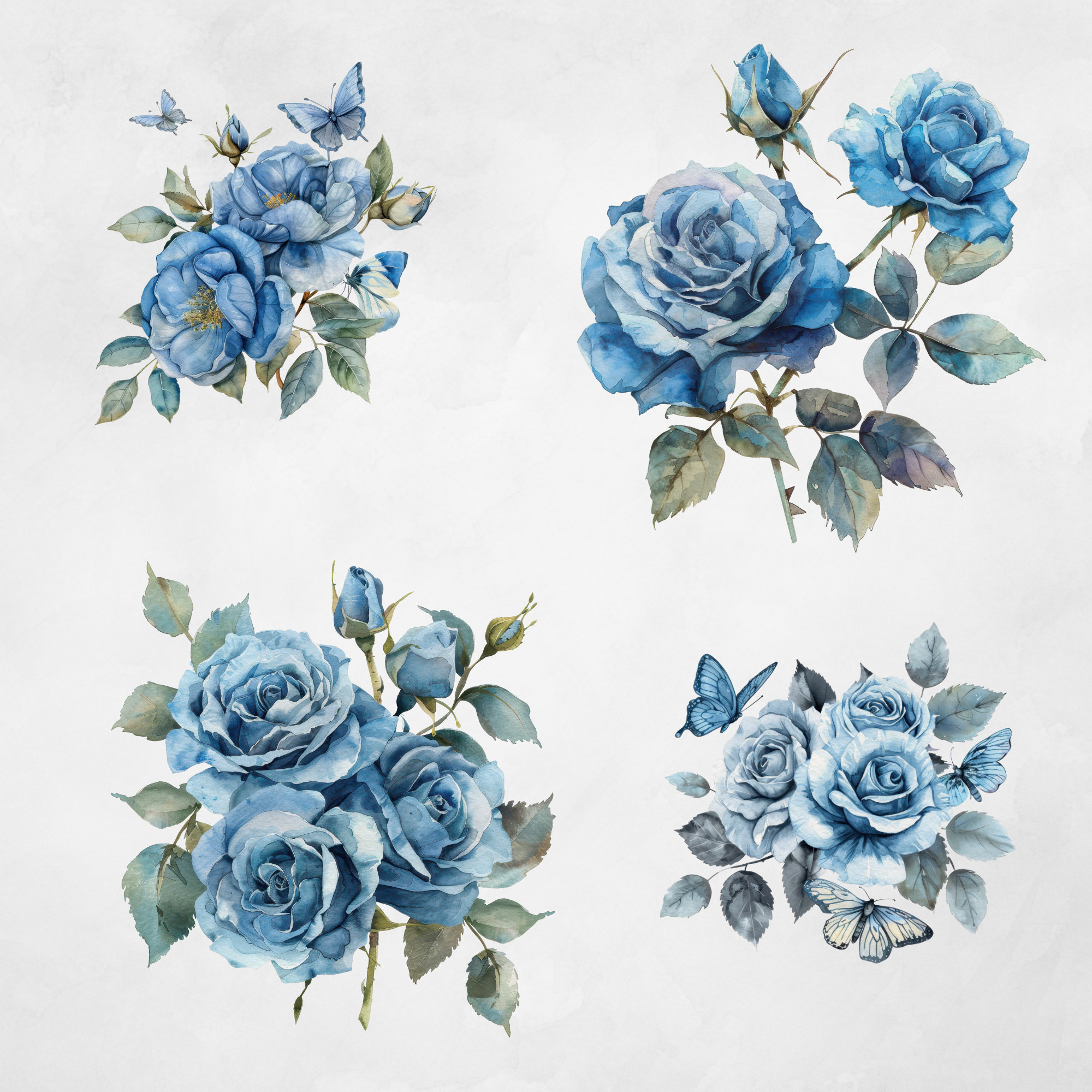 Watercolor Floral, Winter Clipart, Dusty Blue Floral Clipart, Roses ...