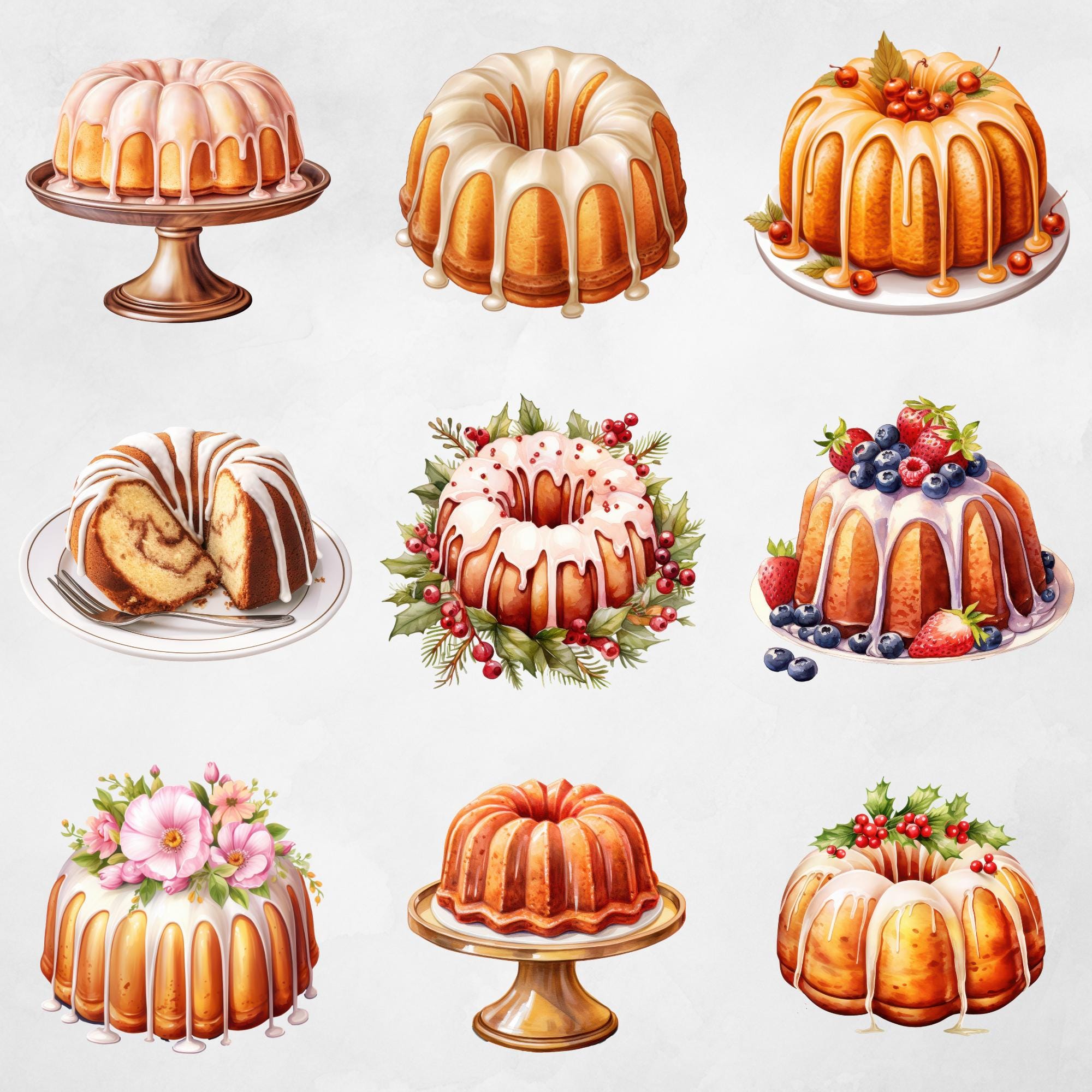 Watercolor Bundt Cake Clipart, Cute Bakery Dessert PNG, Digital ...