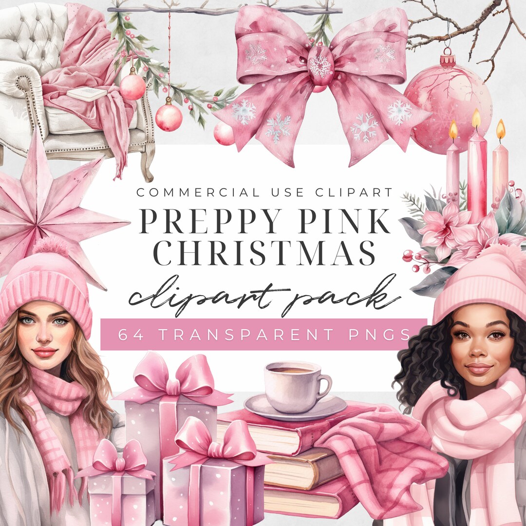Watercolor Pink Christmas Clipart Bundle, Watercolor Holiday Art ...