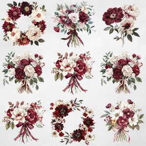 Watercolor Burgundy and White Floral Clipart, Frame & Bouquet Clipart ...