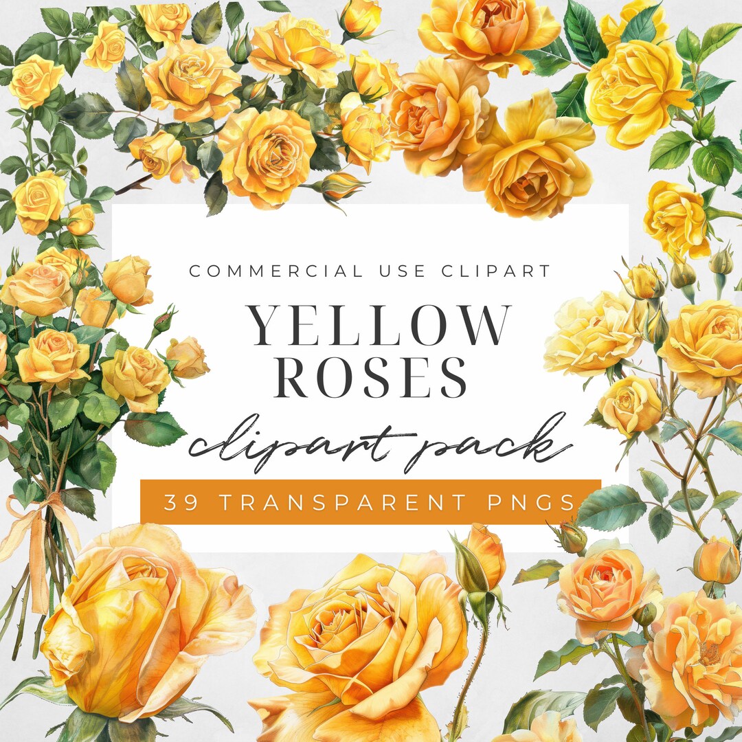 Watercolor Yellow Rose Clipart, Floral Bouquet, Wedding Clipart, Wreath ...