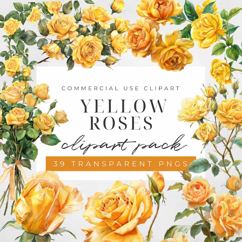 Watercolor Yellow Rose Clipart, Floral Bouquet, Wedding Clipart, Wreath ...