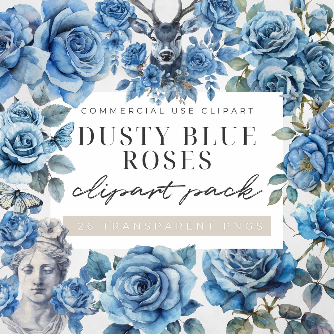 Watercolor Floral, Winter Clipart, Dusty Blue Floral Clipart, Roses ...