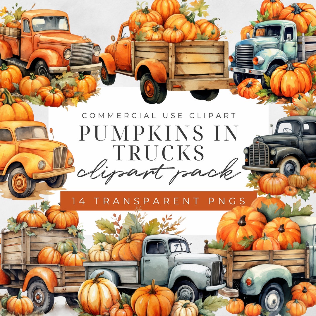 Watercolor Truck With Pumpkins Clipart, Truck With Pumpkins, Vintage ...