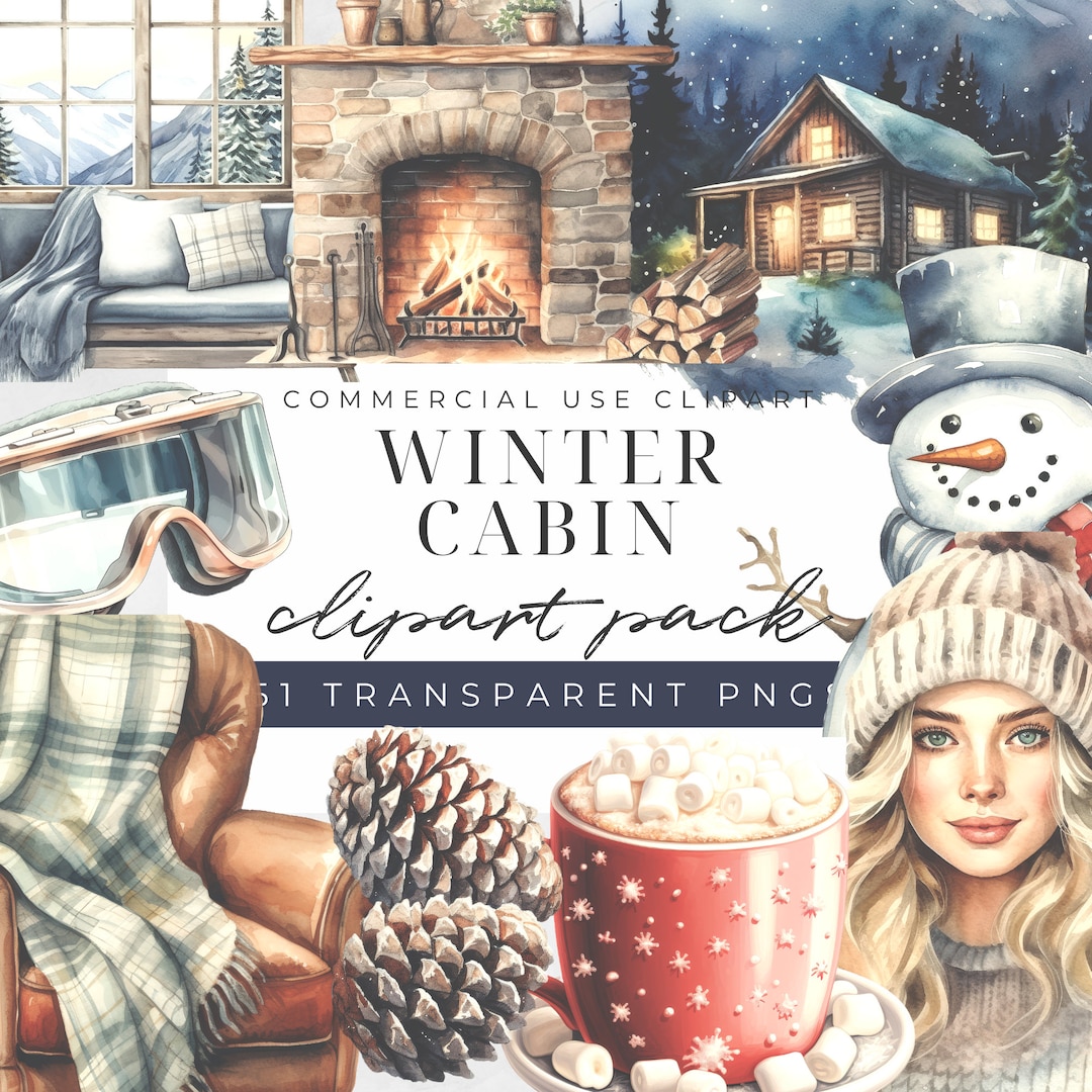 Watercolor Winter Cabin Clipart, Cozy Winter Clip Art Bundle, Cozy ...