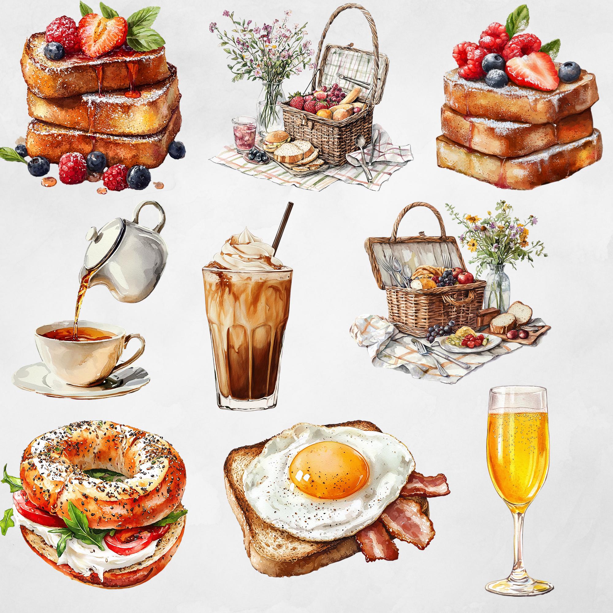 Watercolor Brunch Clipart Bundle, Brunch Food Illustrations, Pancakes ...