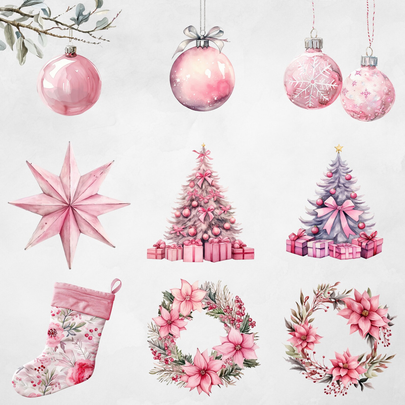 Watercolor Pink Christmas Clipart Bundle, Watercolor Holiday Art ...