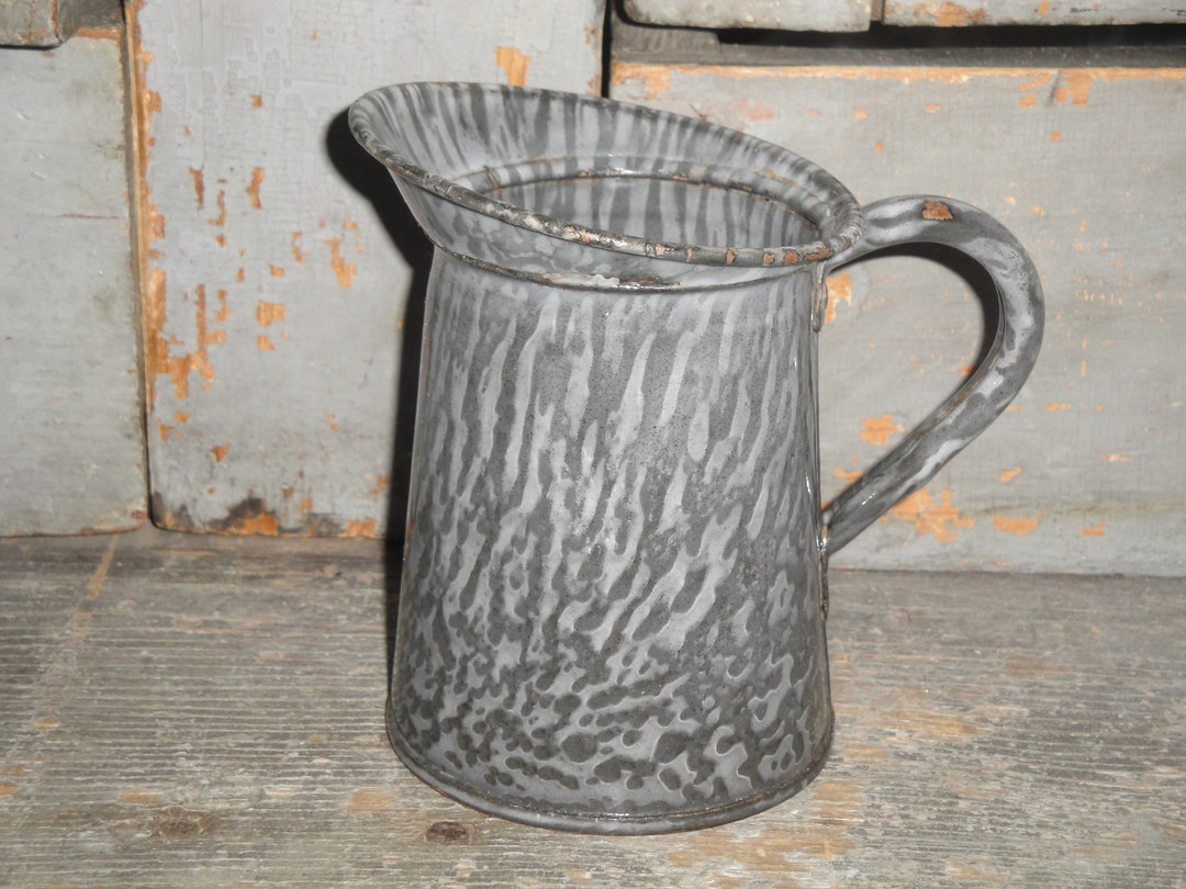 Old Antique Vintage Grey Granite Enamelware Small Measure Pitcher | Primitive Rustic Country ...