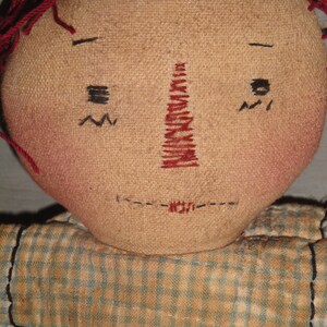 Primitive Handmade Aged Rustic Worn Raggedy Ann Cloth Doll Blue Ticking ...