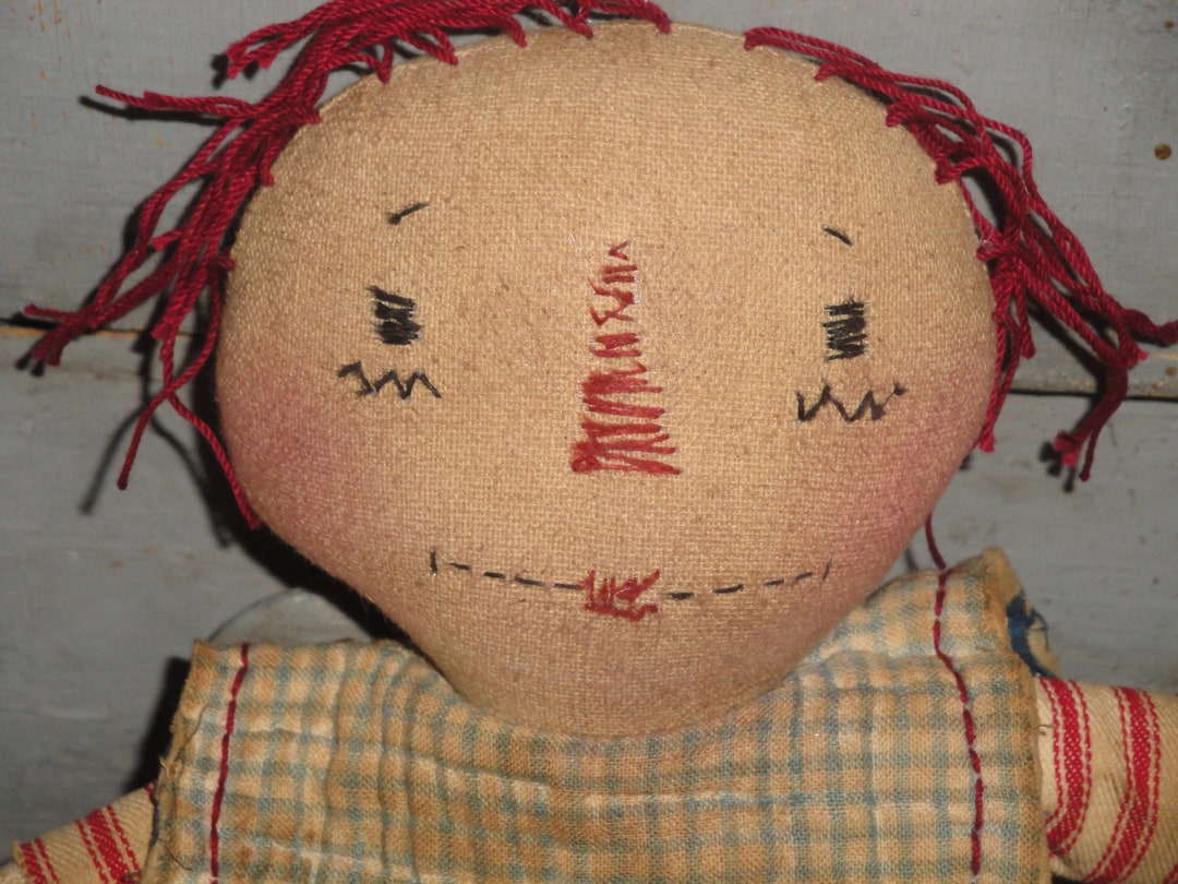 Primitive Handmade Aged Rustic Worn Raggedy Ann Cloth Doll Red Ticking ...