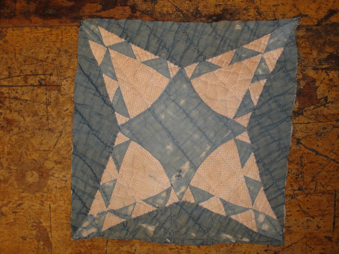 Vintage Antique Blue Homespun Worn Tattered Quilt Pieceprimitive Cutter ...