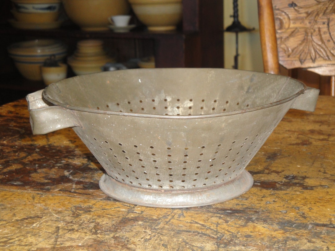 Old Antique Vintage Primitive Rustic Tin Colander Strainer With Strap ...