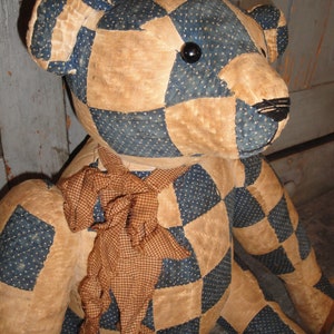 Large Old Vintage Antique Jointed Aged Tattered Blue Patchwork Quilt Bear*handsewn Primitive ...