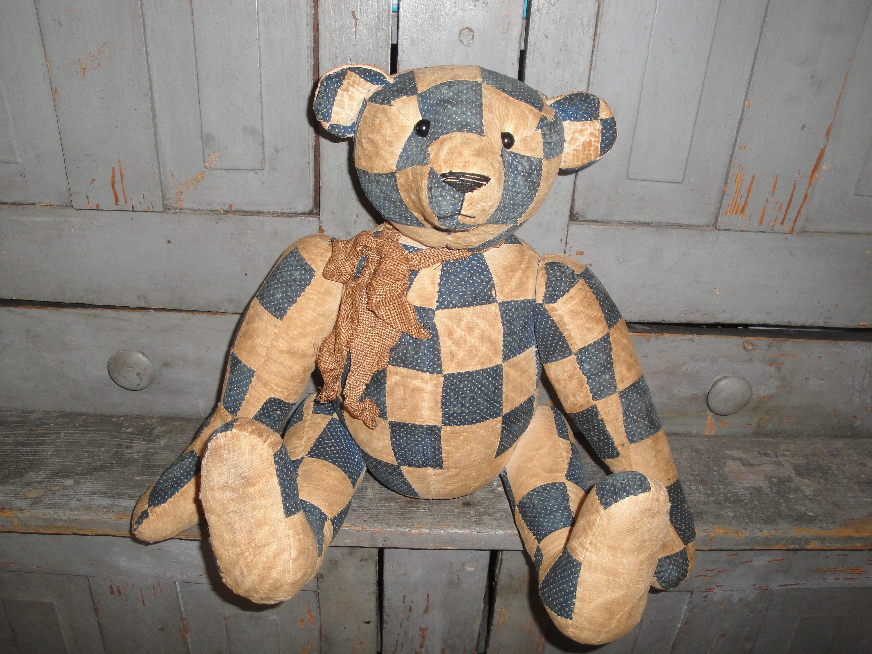 Large Old Vintage Antique Jointed Aged Tattered Blue Patchwork Quilt ...