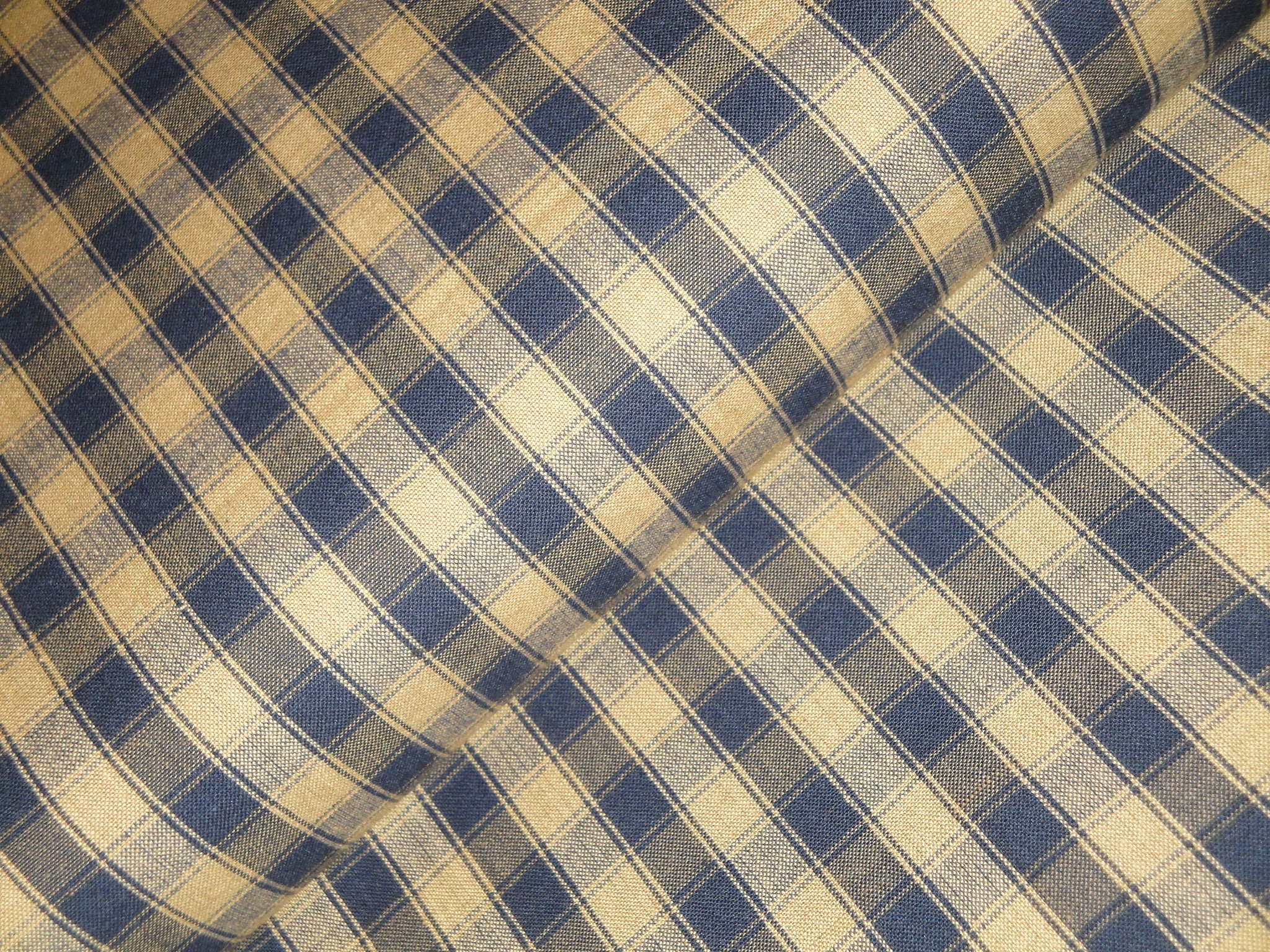 Navy Blue and Tea Dye Woven Cotton Large House Check Fabric | Primitive ...