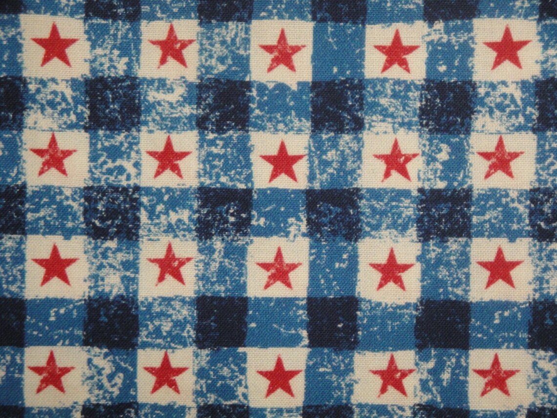 Americana Blue Plaid Red Star Combed Cotton Digital Print Fabric | Old ...