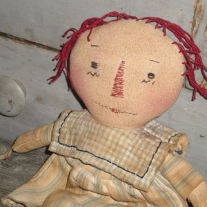 Primitive Handmade Aged Rustic Worn Raggedy Ann Cloth Doll Blue Ticking ...