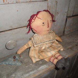Primitive Handmade Aged Rustic Worn Raggedy Ann Cloth Doll Blue Ticking ...