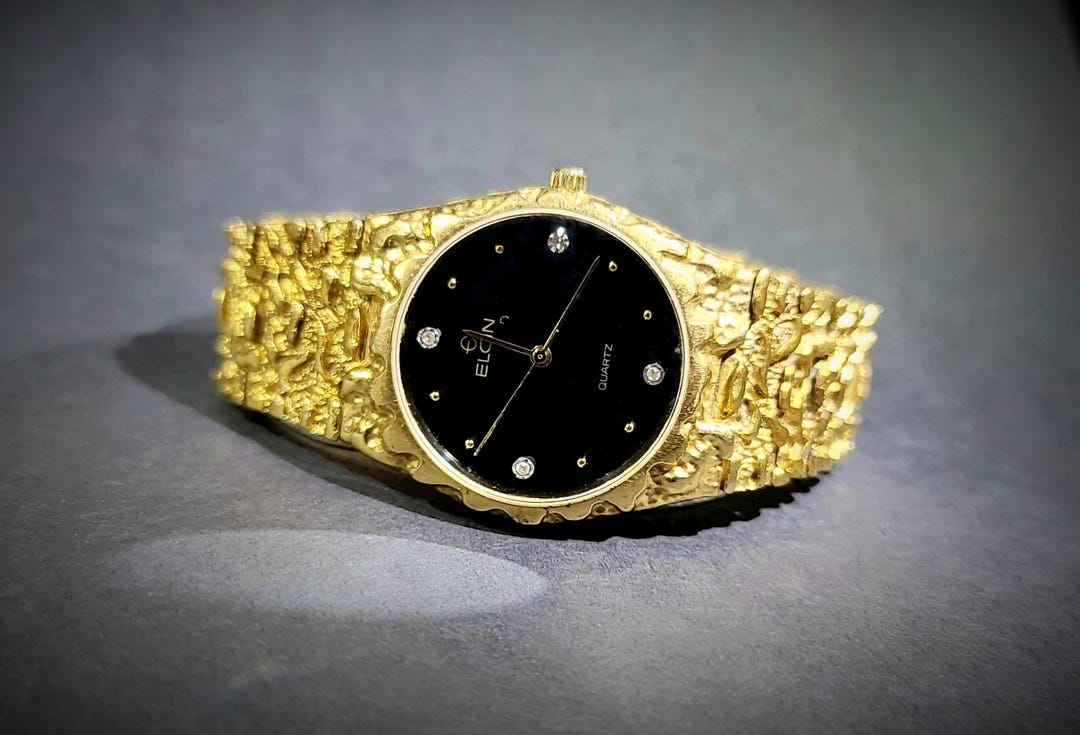 Elgin Mens Gold Nugget Diamond Watch With 4 Diamonds - Etsy