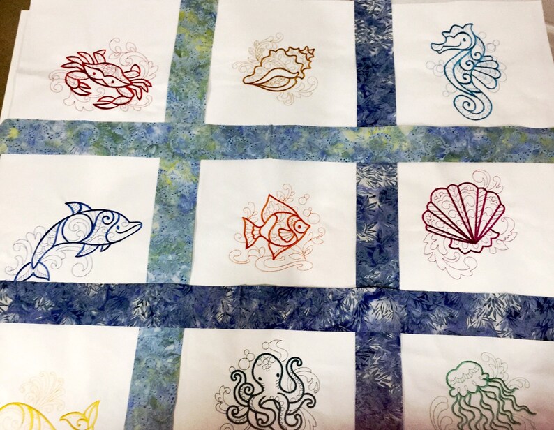 Seashell 1 Machine Embroidered Quilt Block Marine Life Patchwork Block ...