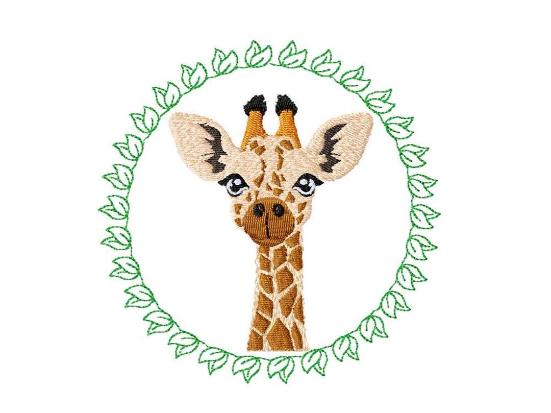 Giraffe Head Embroidery Design: Cartoon Animal, Green Wreath (digital ...