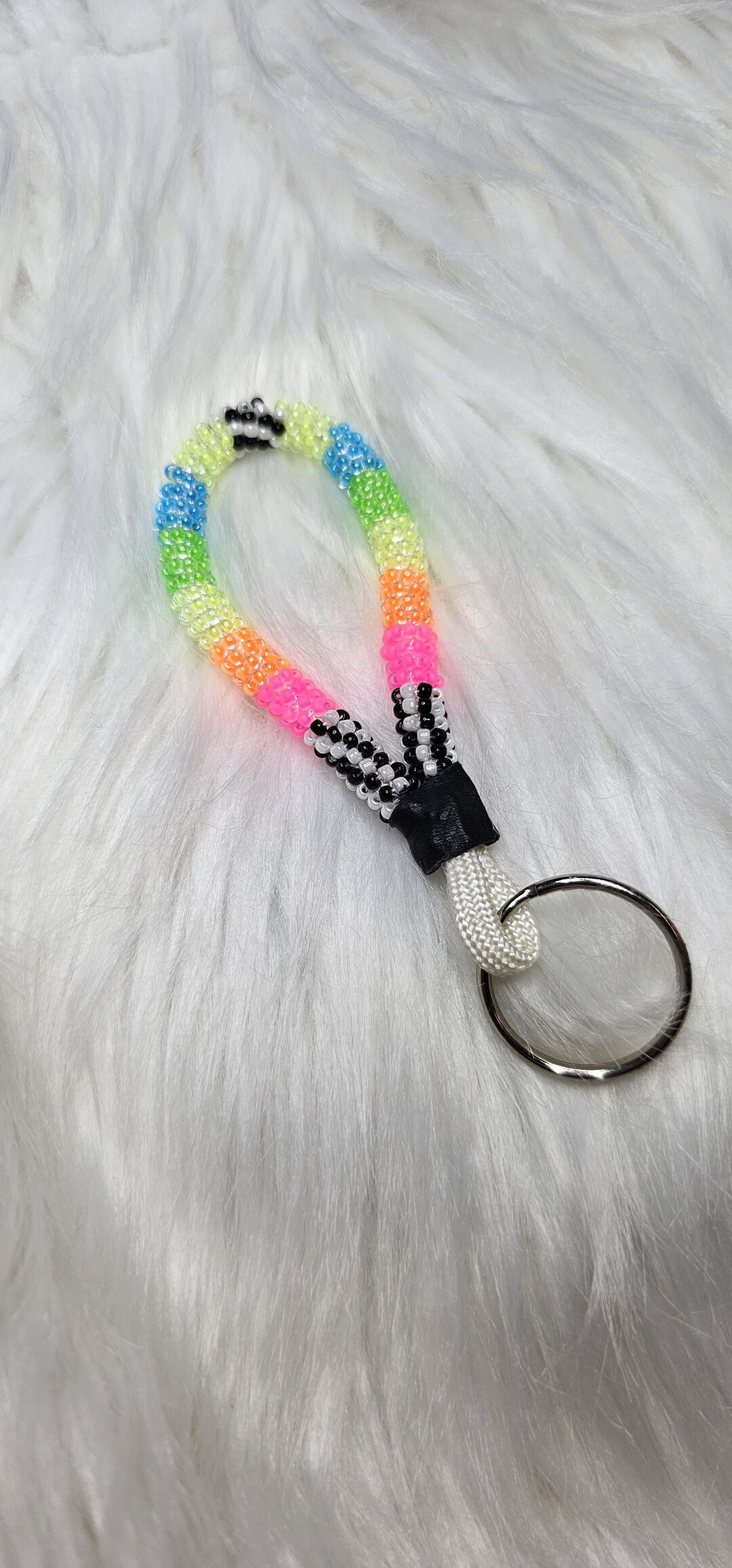 Handmade Neon Beaded Key Fob | Colorful Spiral Keychain | Bead Wrapped ...