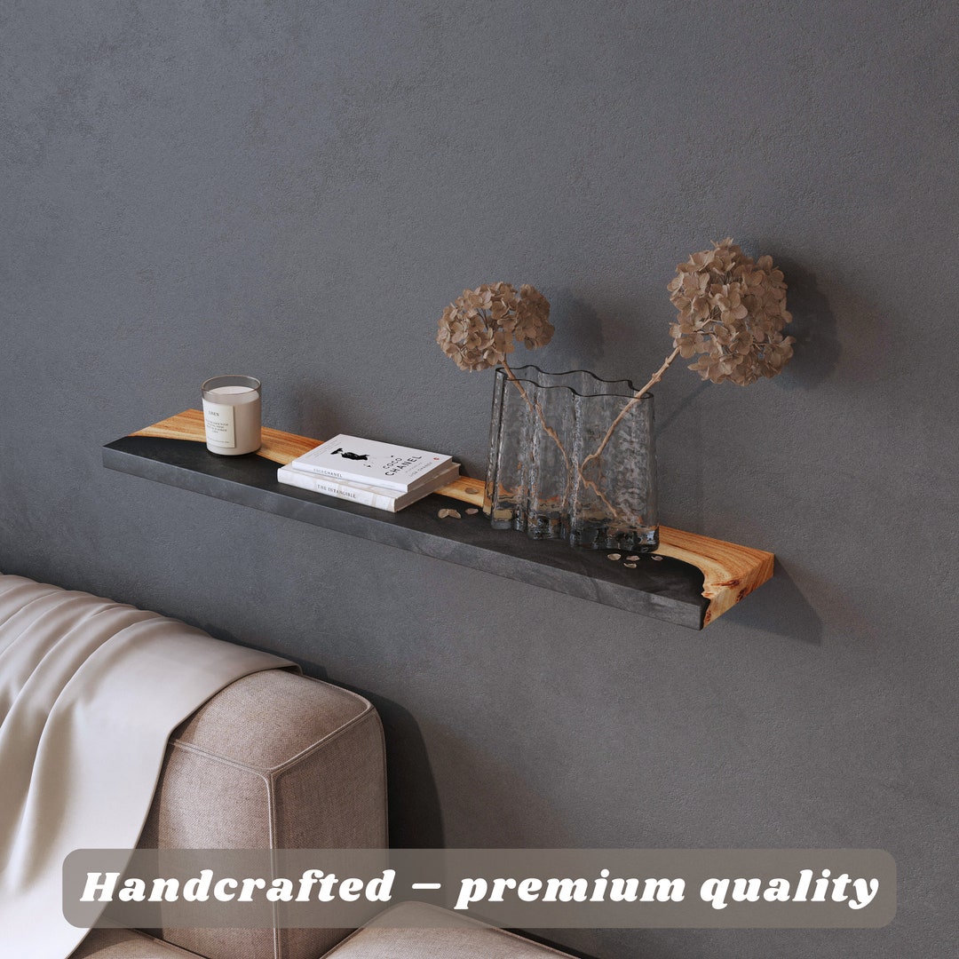Modern Black Live Edge Bedside Shelf on Wall – Custom Wooden Floating ...