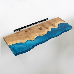 Blue Epoxy & Wood Floating Shelf With Hidden Bracket – Wall Mounted ...