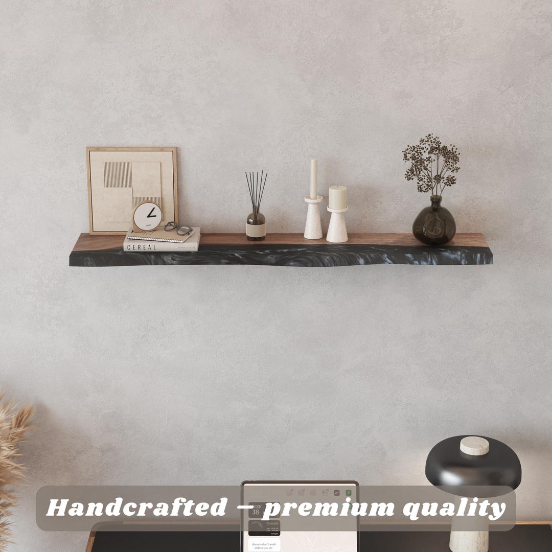 Black Epoxy Resin & Wood Live Edge Shelf, Custom Size Wooden Floating ...